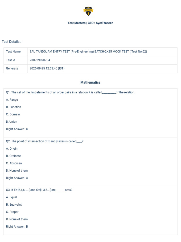 Solved Mock Test 02 (Pre Engineering) SAUT 2025 - by - Test Masters ...