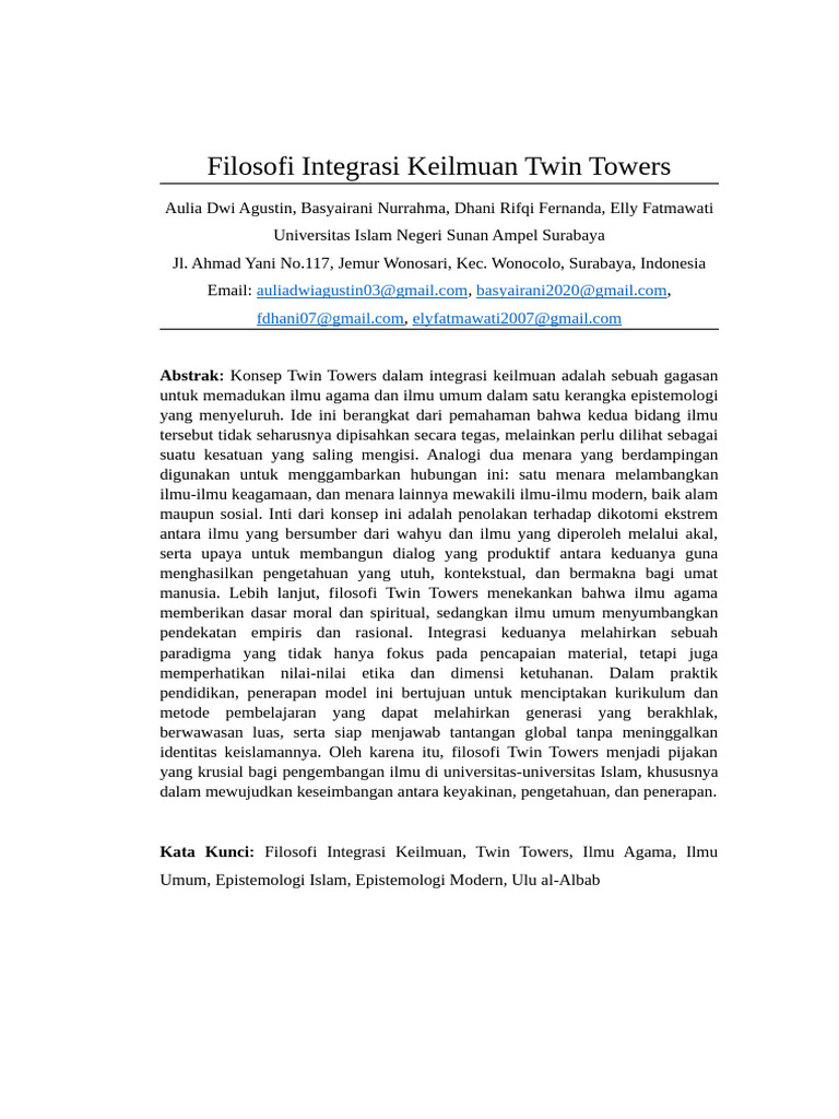Filosofi Twin Towers: Integrasi Ilmu Agama dan Umum | PDF