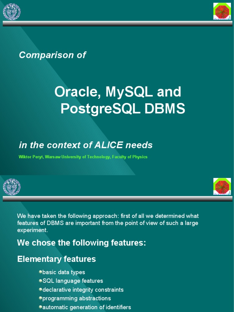 Oracle, Mysql and Postgresql DBMS: Comparison of | PDF | Oracle ...