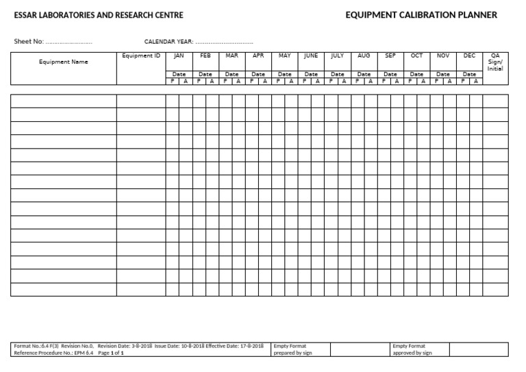 Equipment Calibration Planner Template | PDF