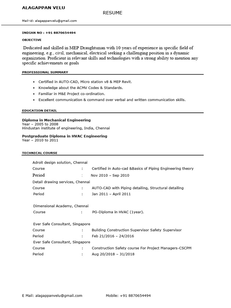 MEP Draughtsman Resume - Alagappan Velu | PDF | Technical Drawing ...
