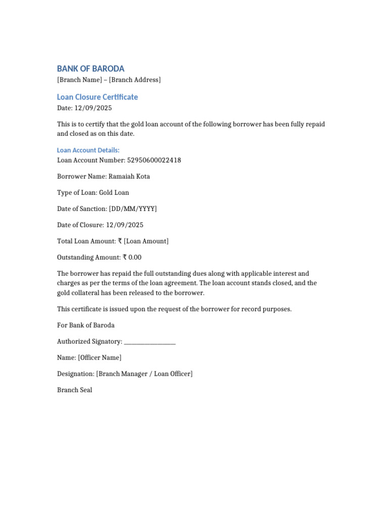 Gold Loan Closure Certificate - Bank of Baroda | PDF