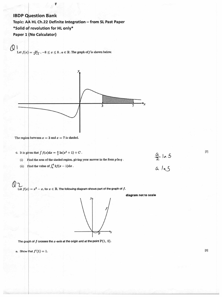 IBDP Question Bank AA SL Ch.17 Definite Integrals - From SL Past Paper ...
