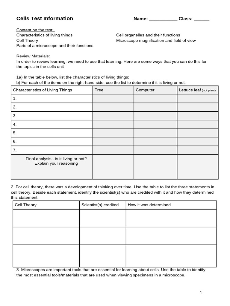 Cells Test Study Guide and Review | PDF | Microscope | Light