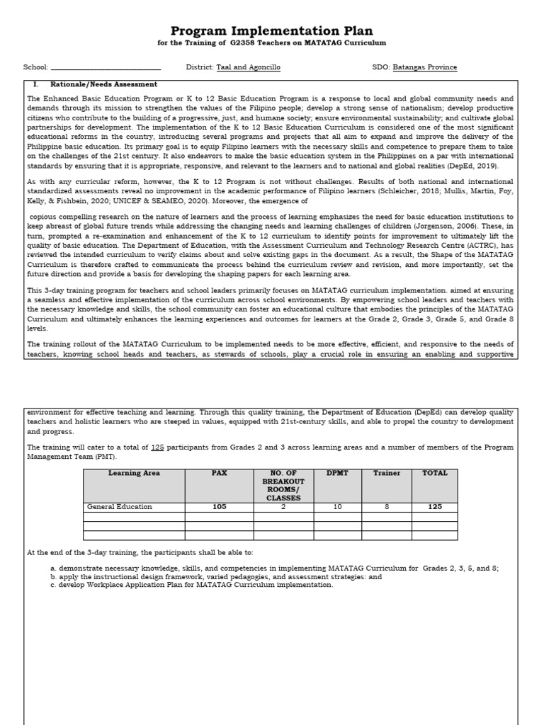 MATATAG SBTT Implementation-Plan | PDF | Curriculum | Learning