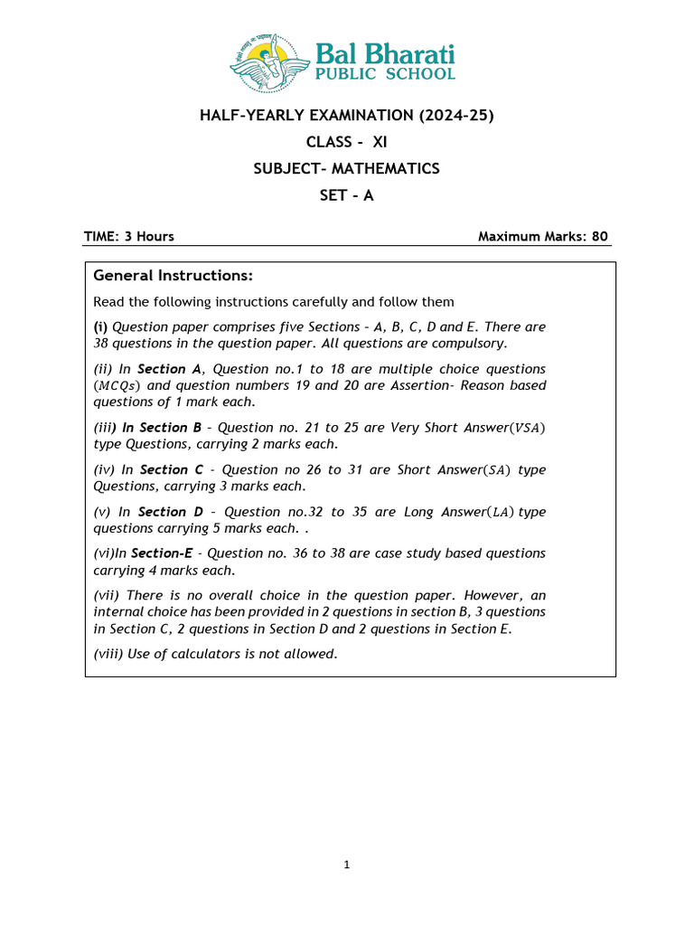 Mathematics - Xi - Hy - QP - Set A | PDF | Circle | Angle