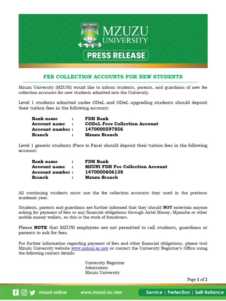 Mzuzu University Fee Collection Accounts | PDF
