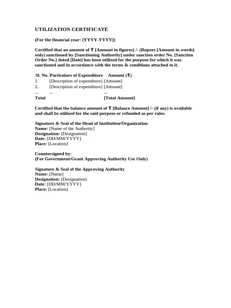 Utilization Certificate Template | PDF