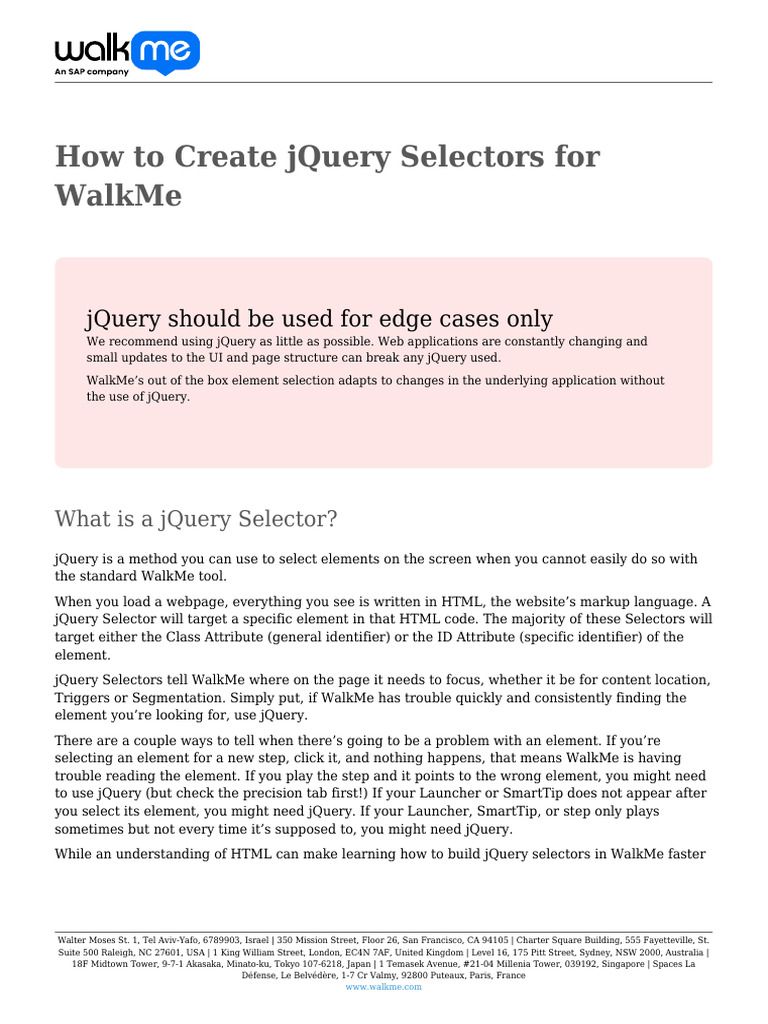 WalkMe - How To Create JQuery Selectors For WalkMe | PDF | J Query | Html