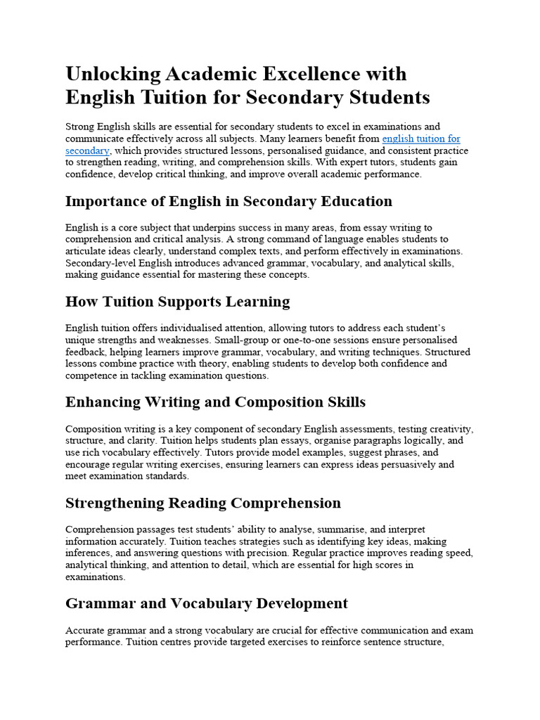 Unlocking Academic Excellence With English Tuition For Secondary ...