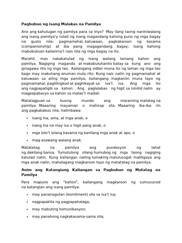 Pagbubuo NG Isang Malakas Na Pamilya-Isang Sanaysay | PDF