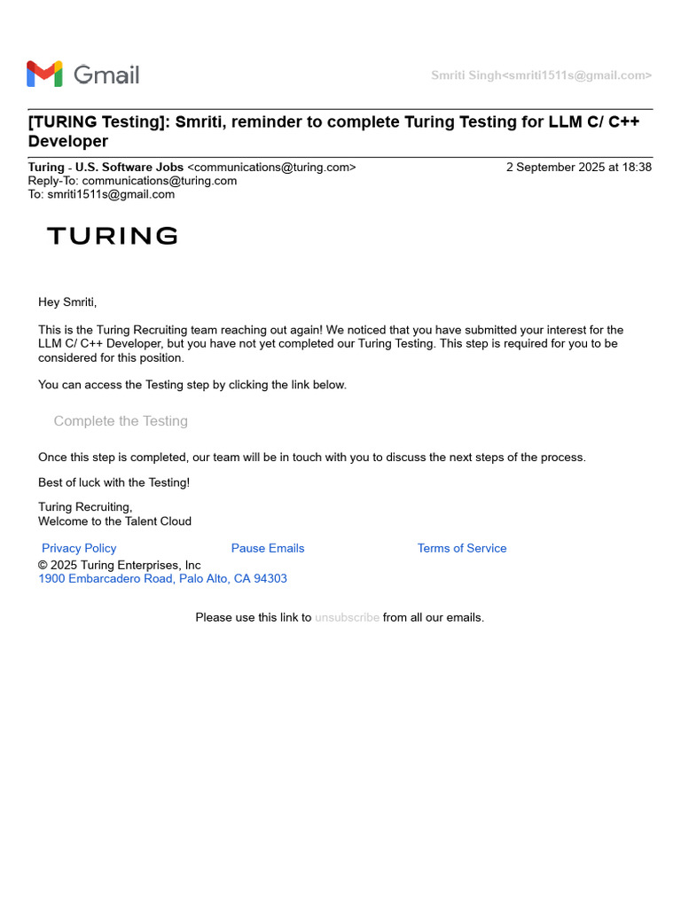 (TURING Testing) - Smriti, Reminder To Complete Turing Testing For LLM ...