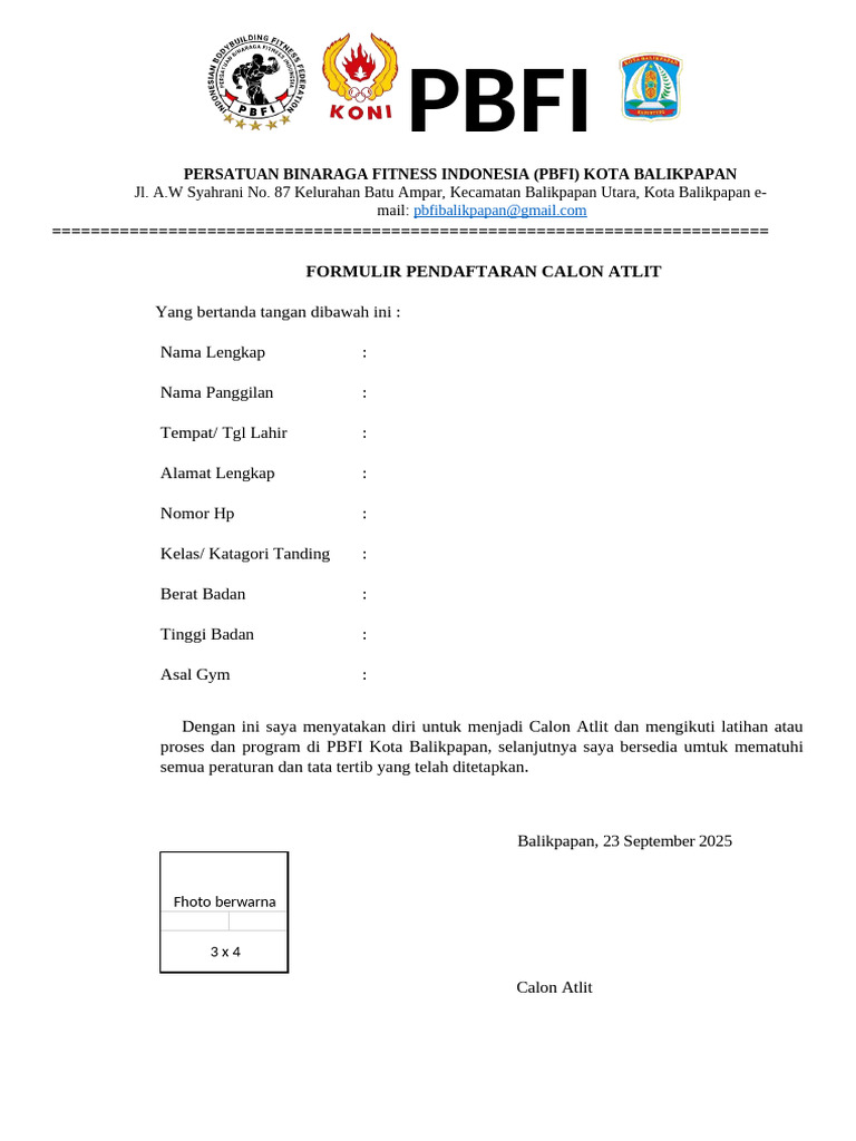 Form Pendaftaran Atlit | PDF