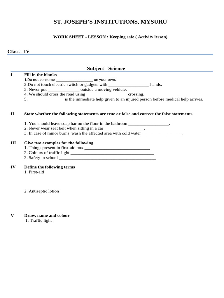 Class 4 Science Worksheet Keeping Safe | PDF