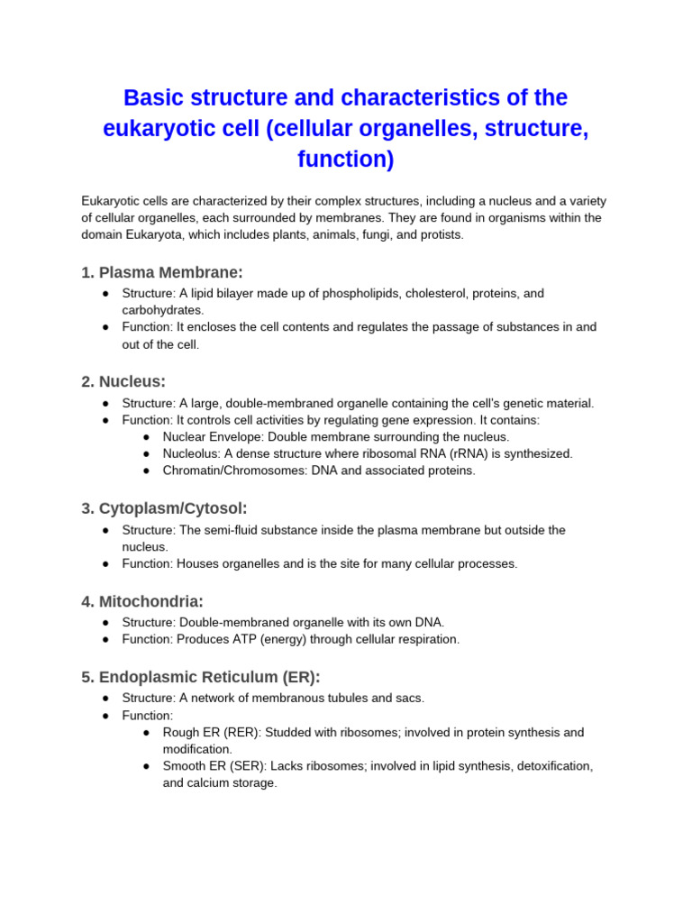 Basic Structure and Characteristics of The Eukaryotic Cell (Cellular ...