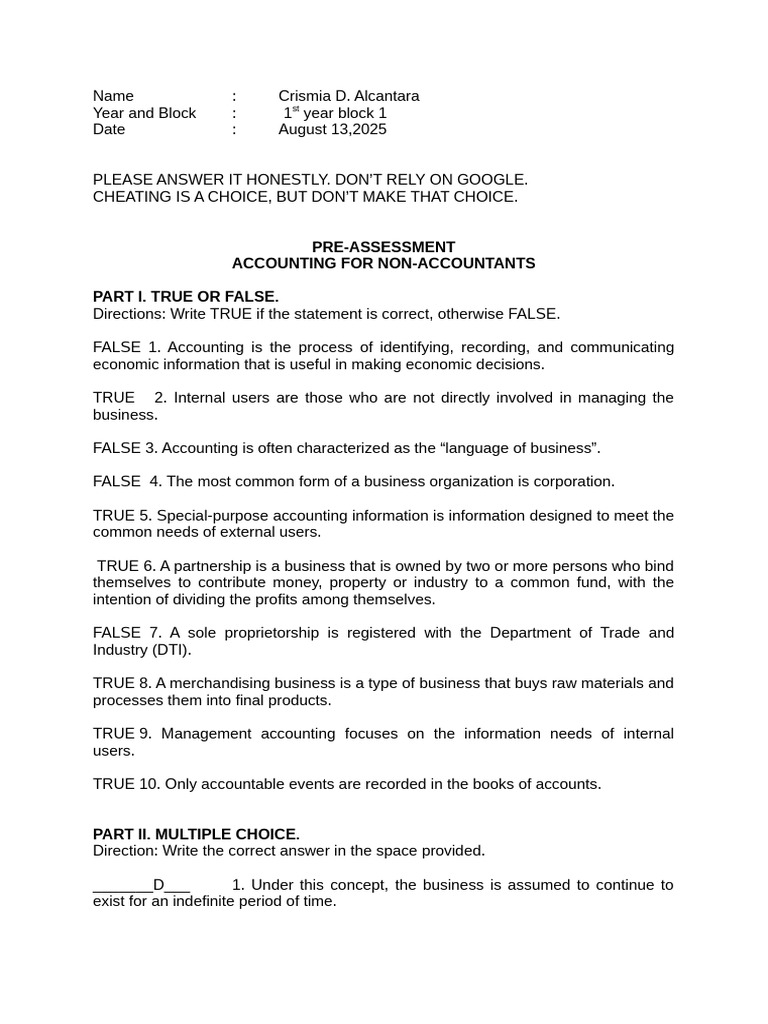 Pre Assessment Accounting | PDF | Debits And Credits | Accounting