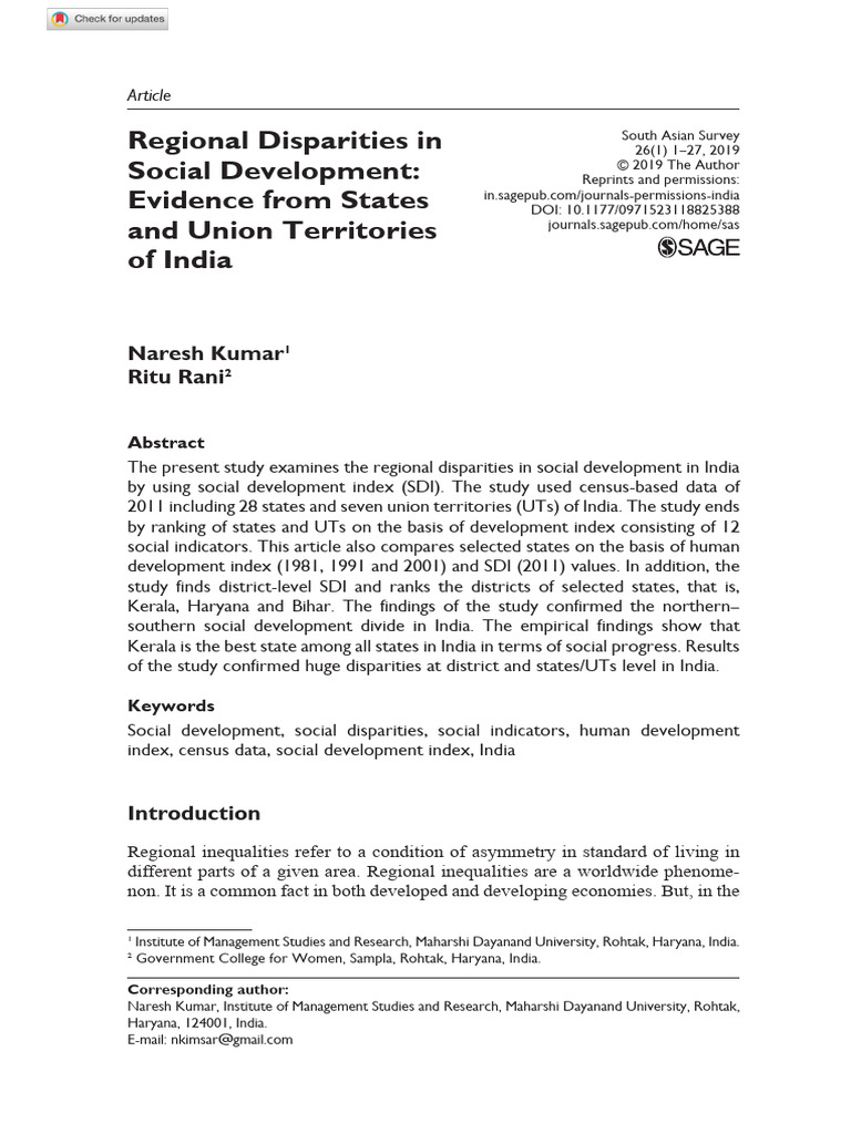 Regional Disparities in Social Development: Evidence From States and ...