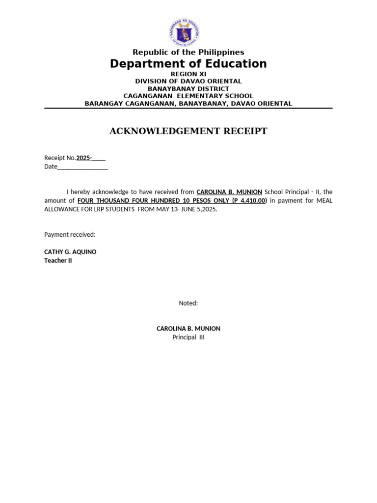 Meal Allowance Acknowledgment Receipt | PDF