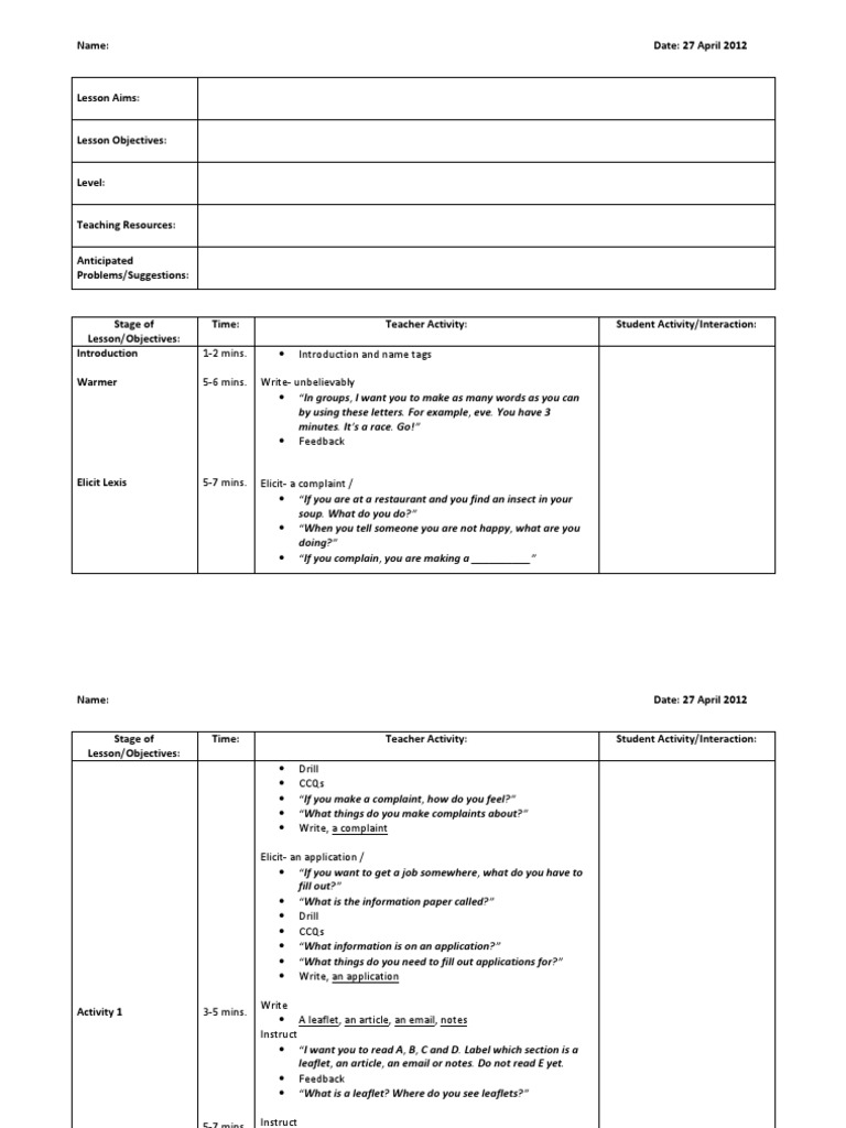 27 April TEFL Lesson Plan | PDF | Lesson | Lesson Plan