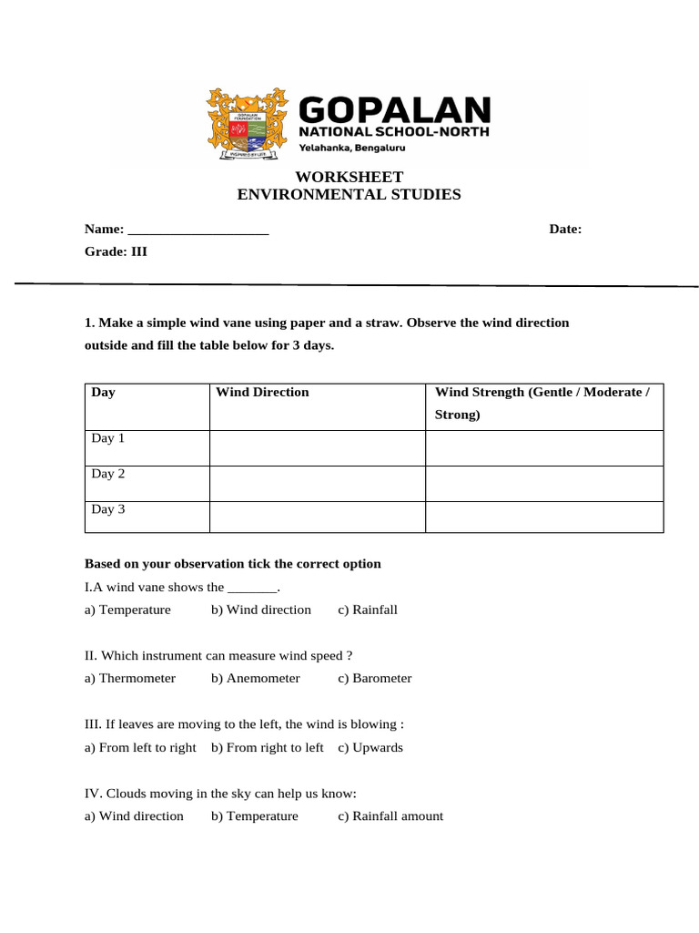 Wind Vane and Weather Observation Worksheet | PDF