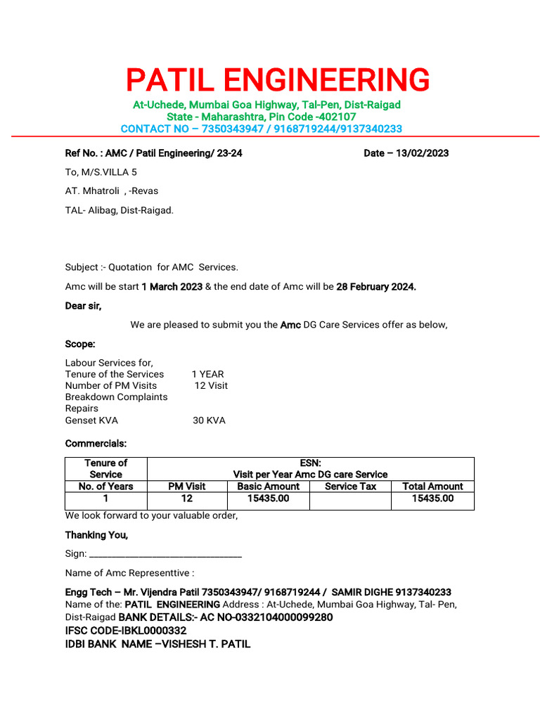 Quotation for AMC DG Care Services | PDF