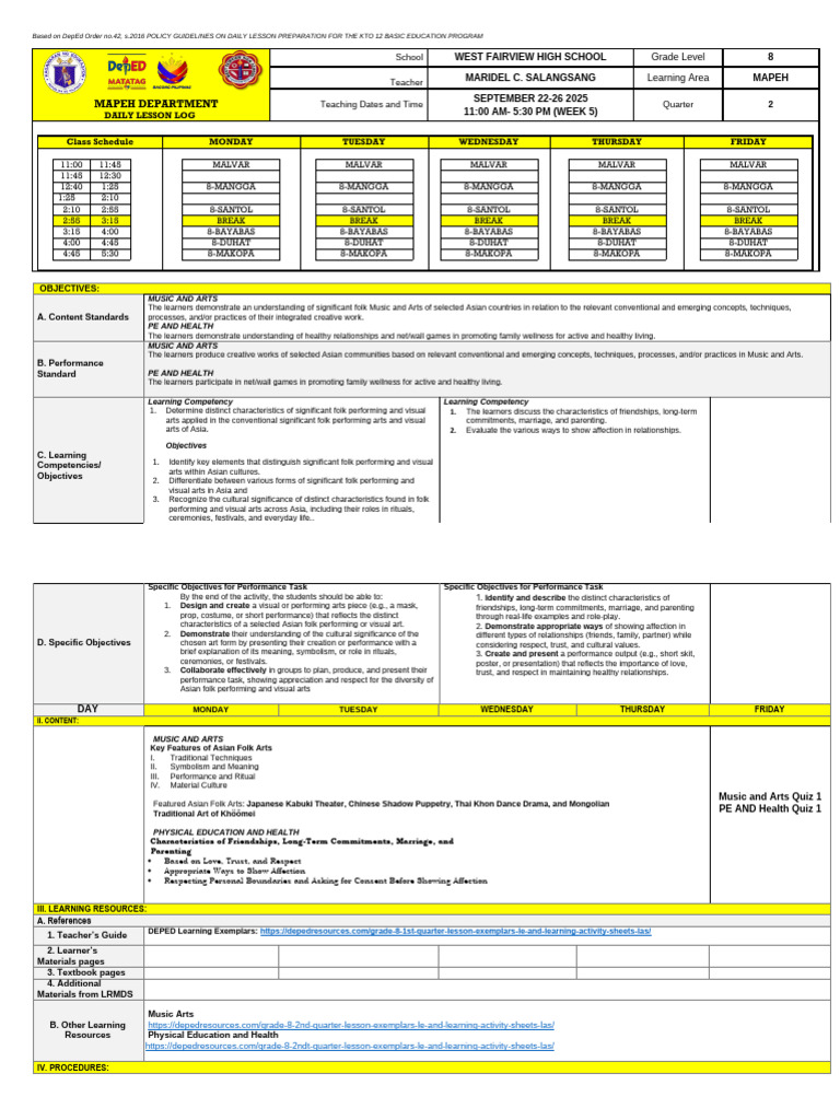 DLP - g8 Mapeh Qtr2 - Week 5 - Salangsang - Acasio | PDF | Learning ...