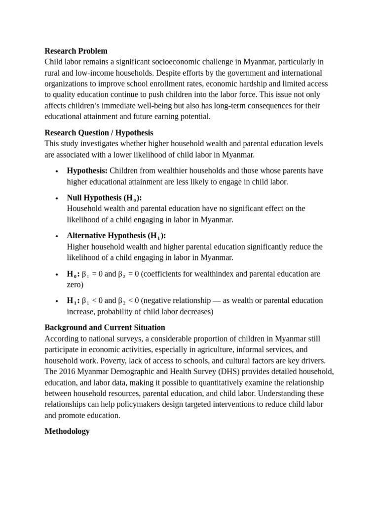 Child Labor in Myanmar: Wealth & Education Impact | PDF | Hypothesis ...