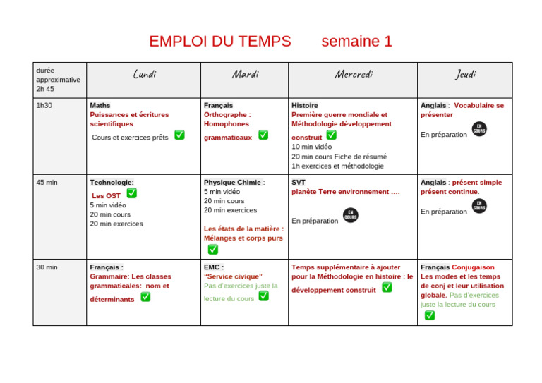 Emploi du temps Semaine 1 : Cours et Activités | PDF | Communication ...