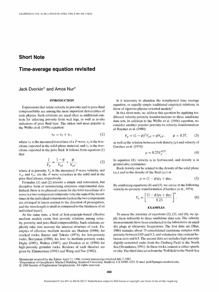 Time-Average Equation Revisited | PDF | Porosity | Sandstone