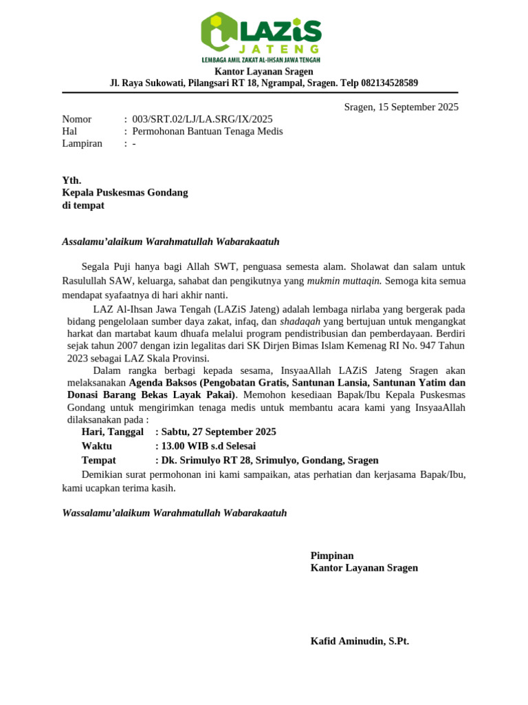 003 - Surat Permohonan Bantuan Tenaga Medis | PDF