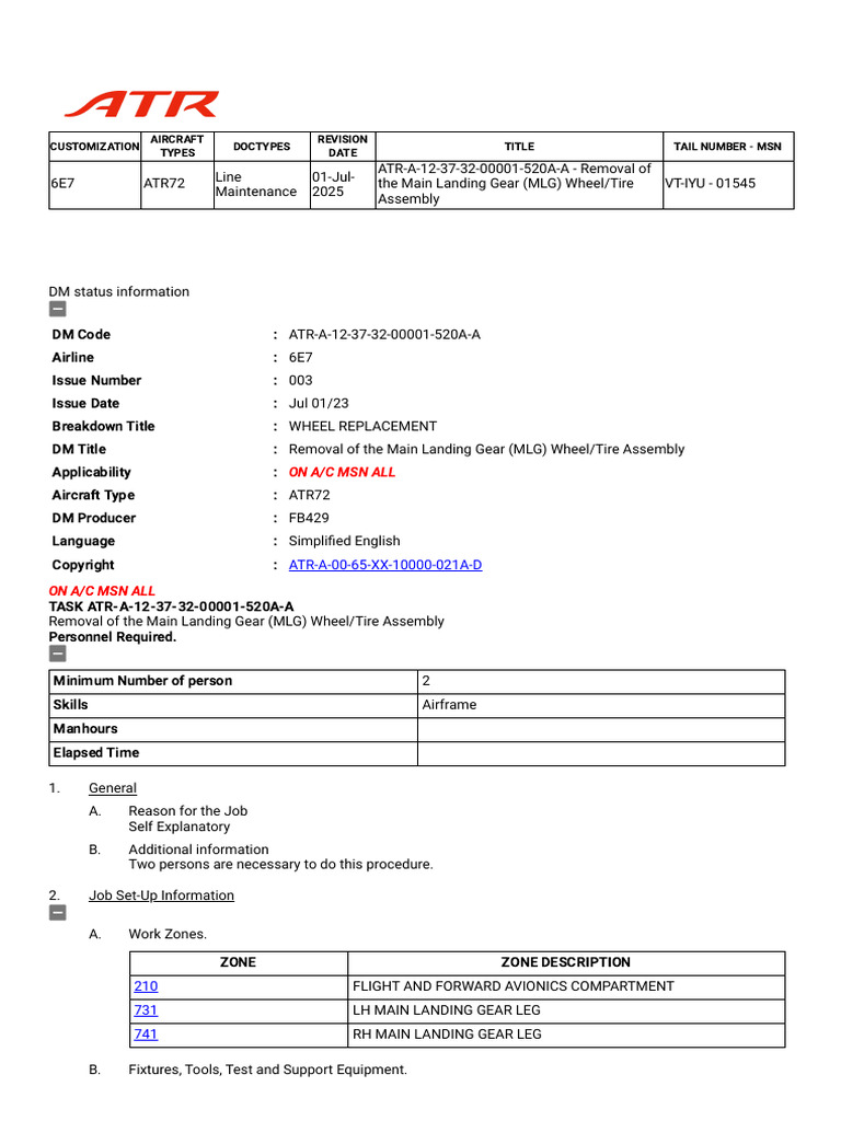 ATR72 MLG Wheel Replacement Guide | PDF | Landing Gear | Axle