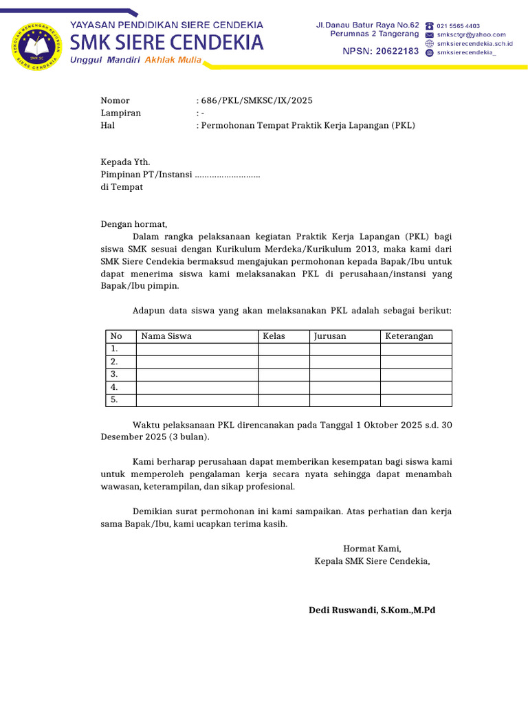Surat Pengajuan PKL | PDF