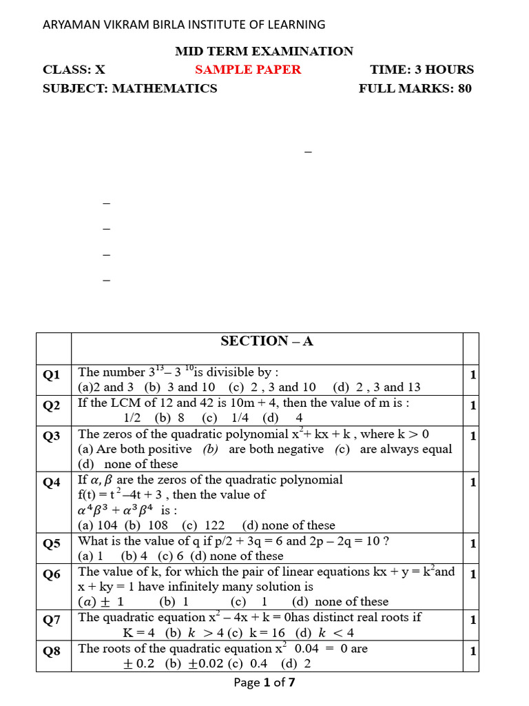 Class X Mathematics Midterm Sample Paper | PDF | Polynomial ...