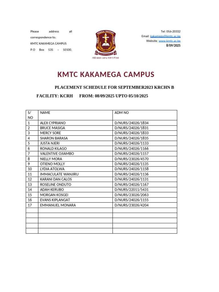 Placement Schedule For September2023 KRCHN B-Kisumu | PDF