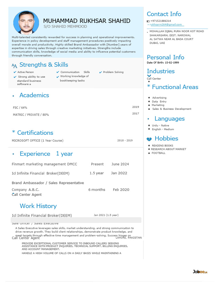 Muhammad Rukhsar Shahid Cv-1 PDF | PDF | Call Centre | Sales