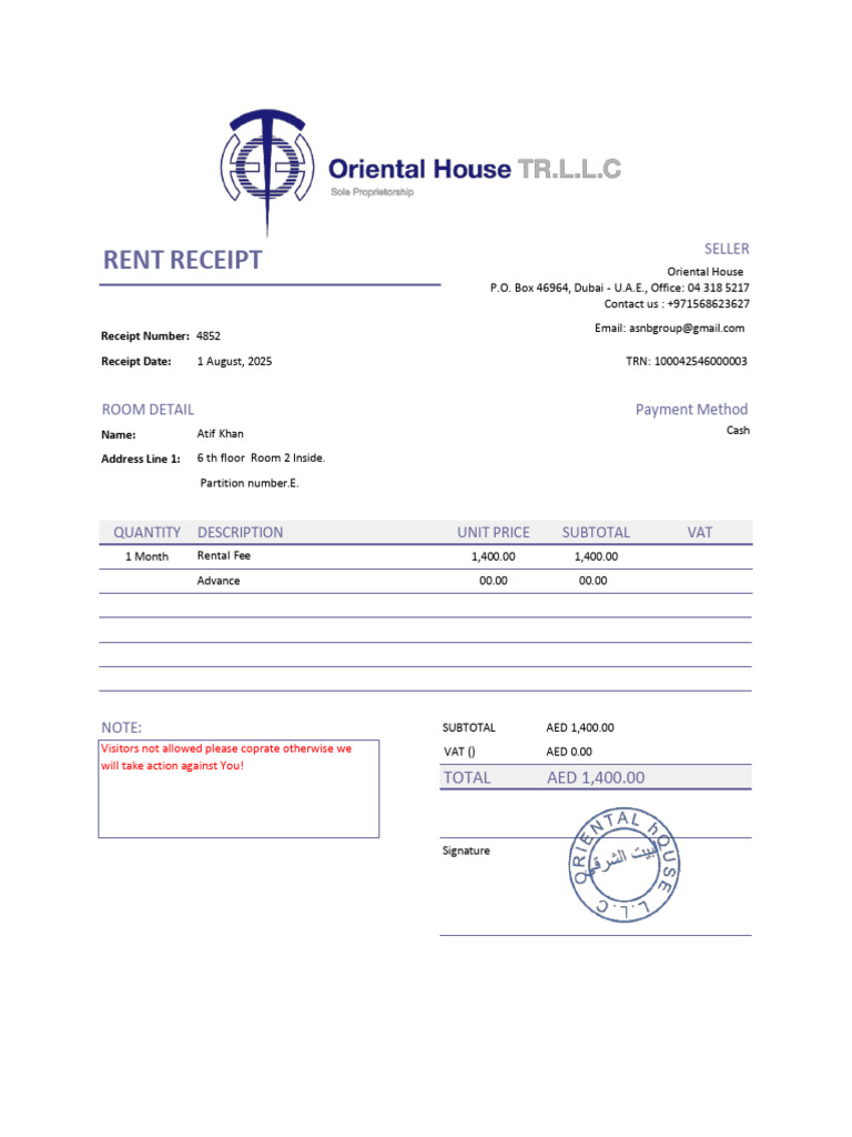 Rent Receipt for Atif Khan - AED 1400 | PDF