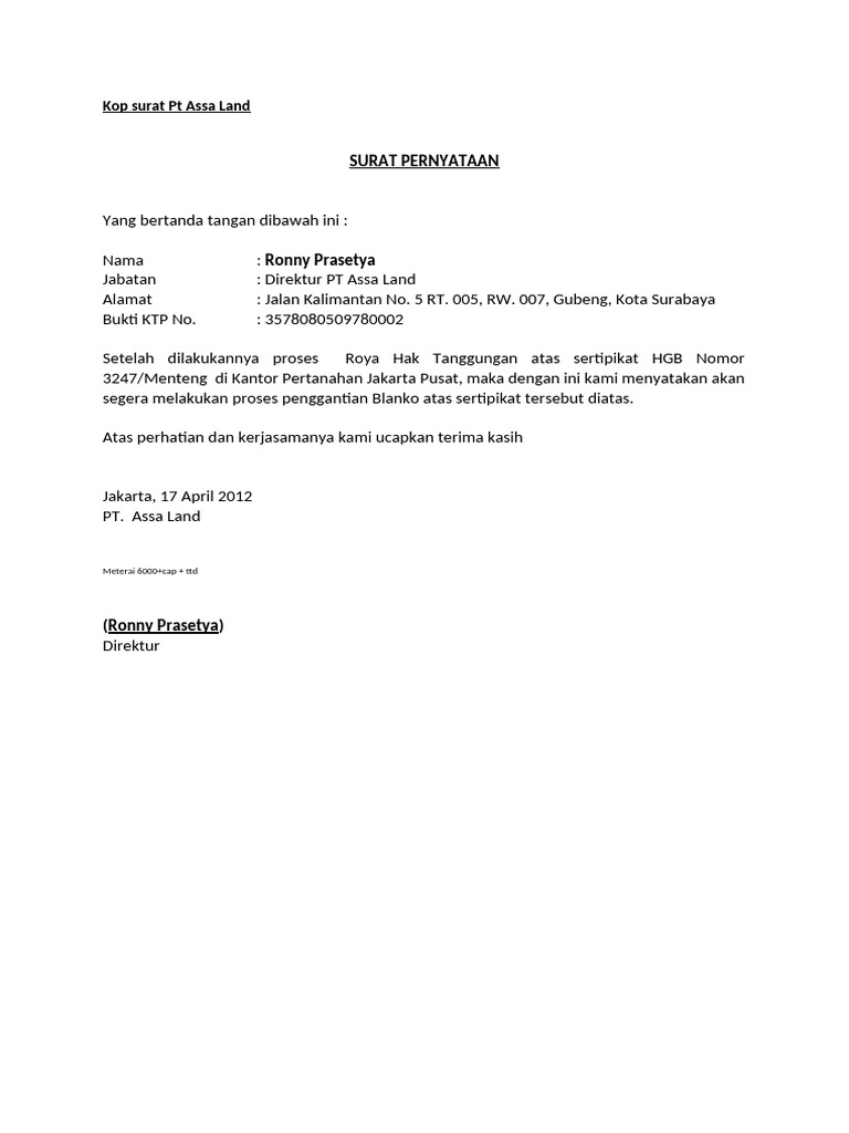 Kop Surat PT Assa Land Roya | PDF