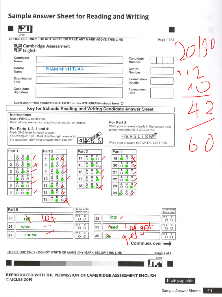 Reading & Writing Answer Sheet KET1test7 - Tuấn | PDF
