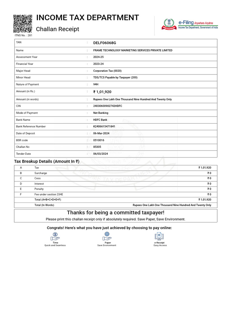 Income Tax Challan Receipt 2024-25 | PDF | Taxes | Taxpayer