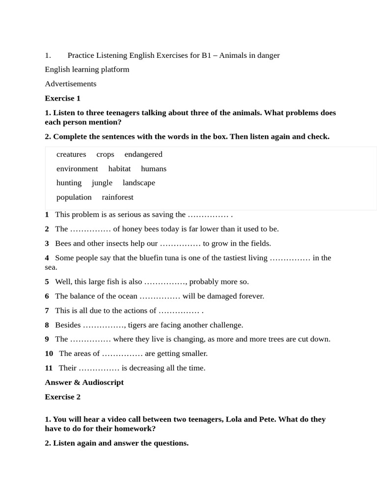 B1 Listening Practice: Endangered Animals | PDF | Eagle | Endangered ...