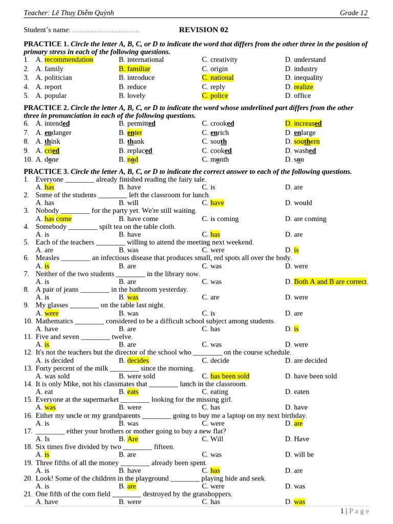 REVISION 2-Subject Verb Agreement | PDF