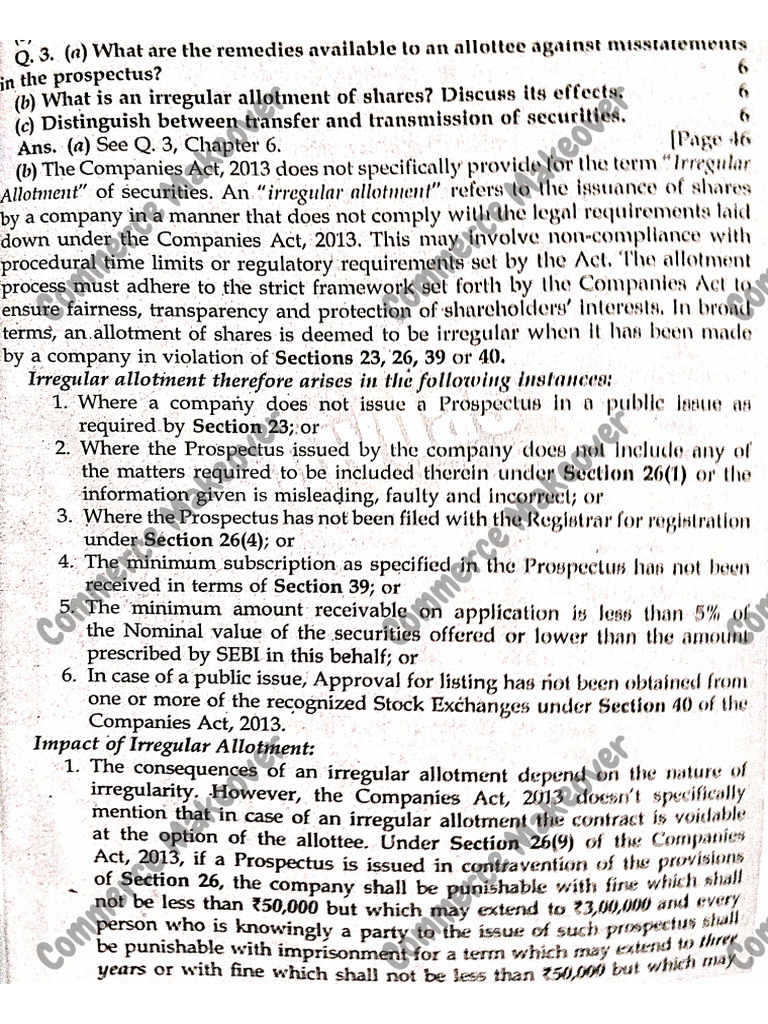 PYQ of Unit 3 and 4 Company Law | PDF