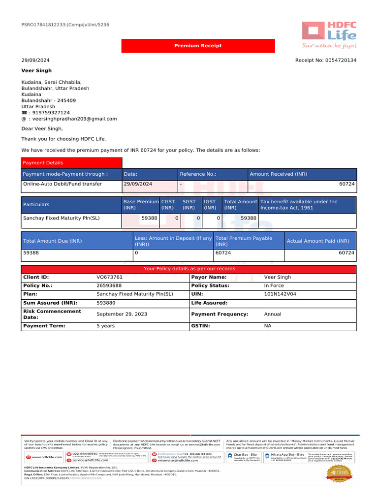 HDFC Life Premium Payment Receipt | PDF | Insurance | Life Insurance