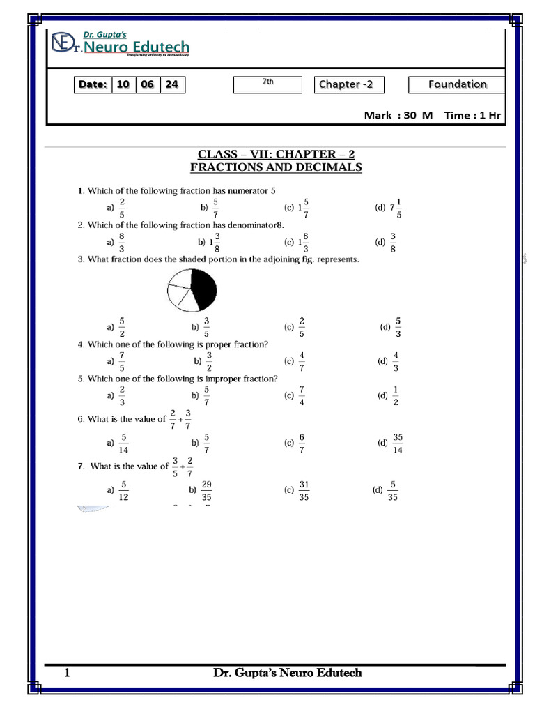 Class 7 Fraction Worksheet Chapter 2 | PDF