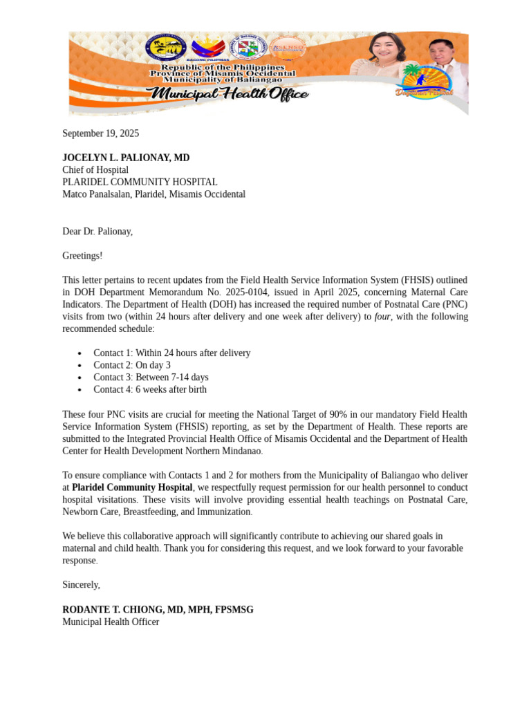 Letter To PCH and CDH Postpartum Check Up | PDF | Postpartum Period ...