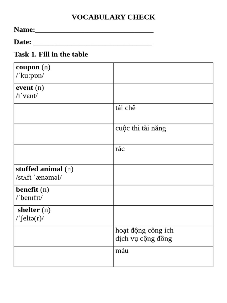 VOCABULARY CHECK - in 12 Bản A5 | PDF