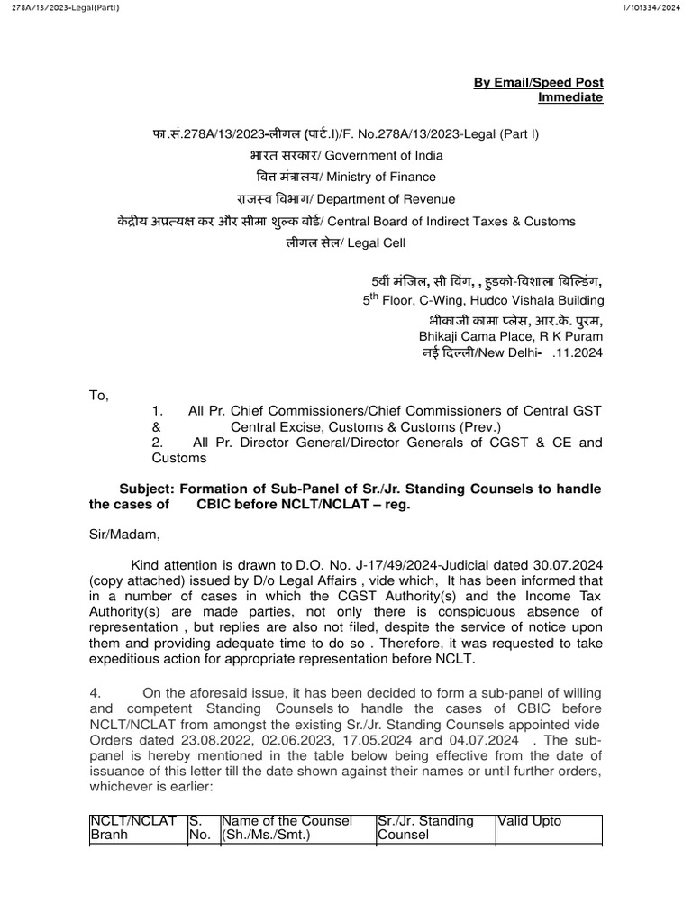 CBIC Letter DT 131124 - Panel of SR - JR Standing - 241118 - 145111 ...