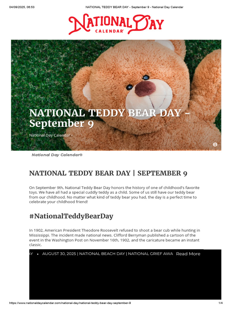 NATIONAL TEDDY BEAR DAY - September 9 - National Day Calendar | PDF