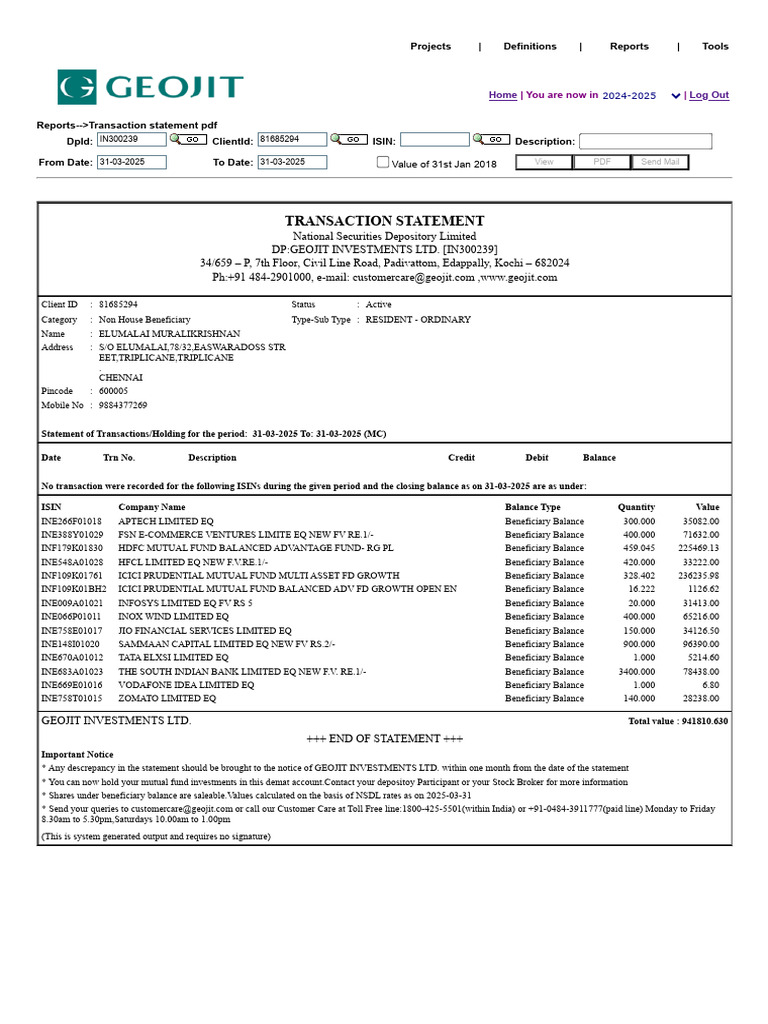 E007 DP Holding Statement As On 31.03.2025 | PDF | Investing ...