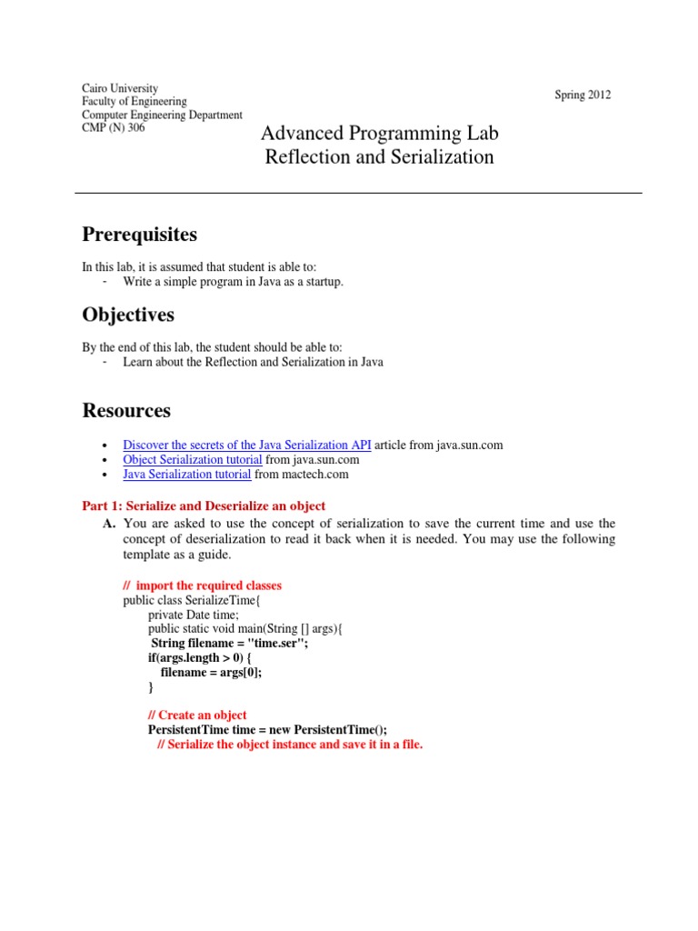 AP Spr12 Reflection Serialization Lab4 | PDF | Java (Programming Language) | Class (Computer ...